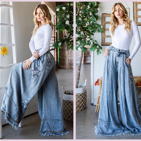 Oli and Hali | Jeans | Oli Hali Star Embroidered Tencel Wide Leg Pants ...